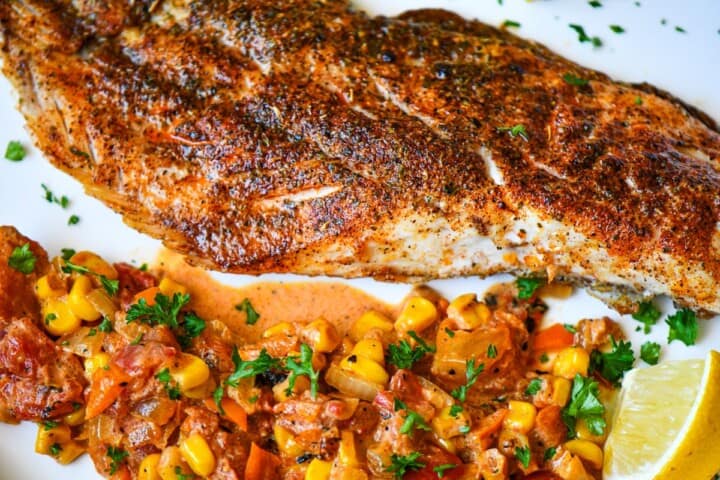 Baked Redfish on the Half Shell with Corn Maque Choux - Wild Game & Fish
